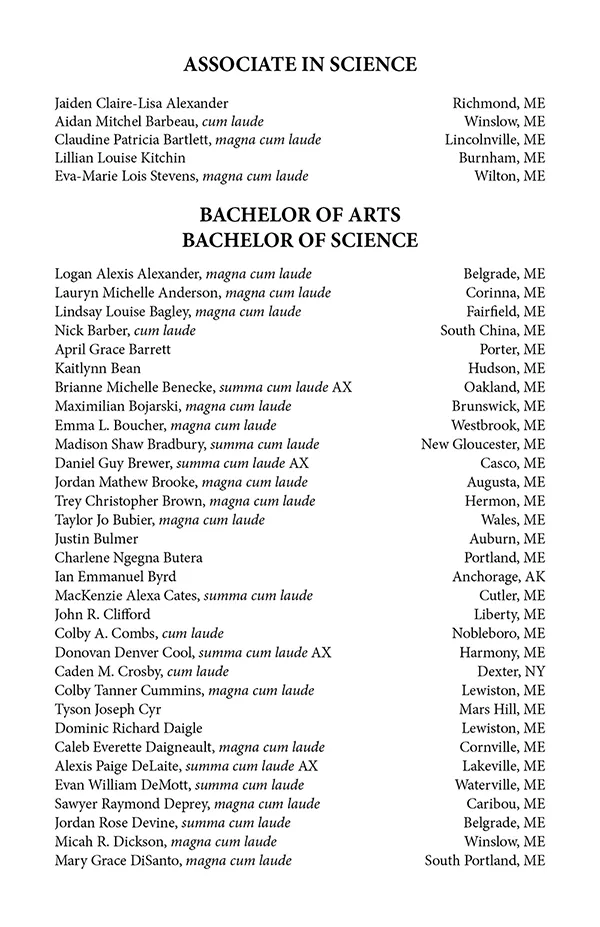 Commencement 2024 Graduate Student List: Thomas College: ME